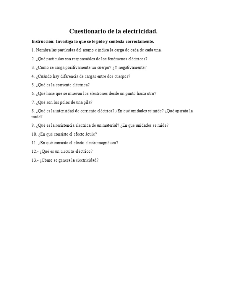 Cuestionario de La Electricidad | PDF