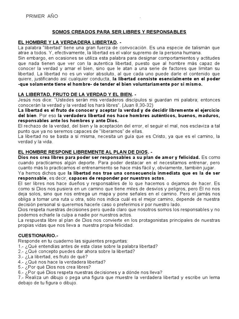 CREADOS PARA SER LIBRES Y RESPONSABLES 1º Año | PDF | Verdad | Libertad