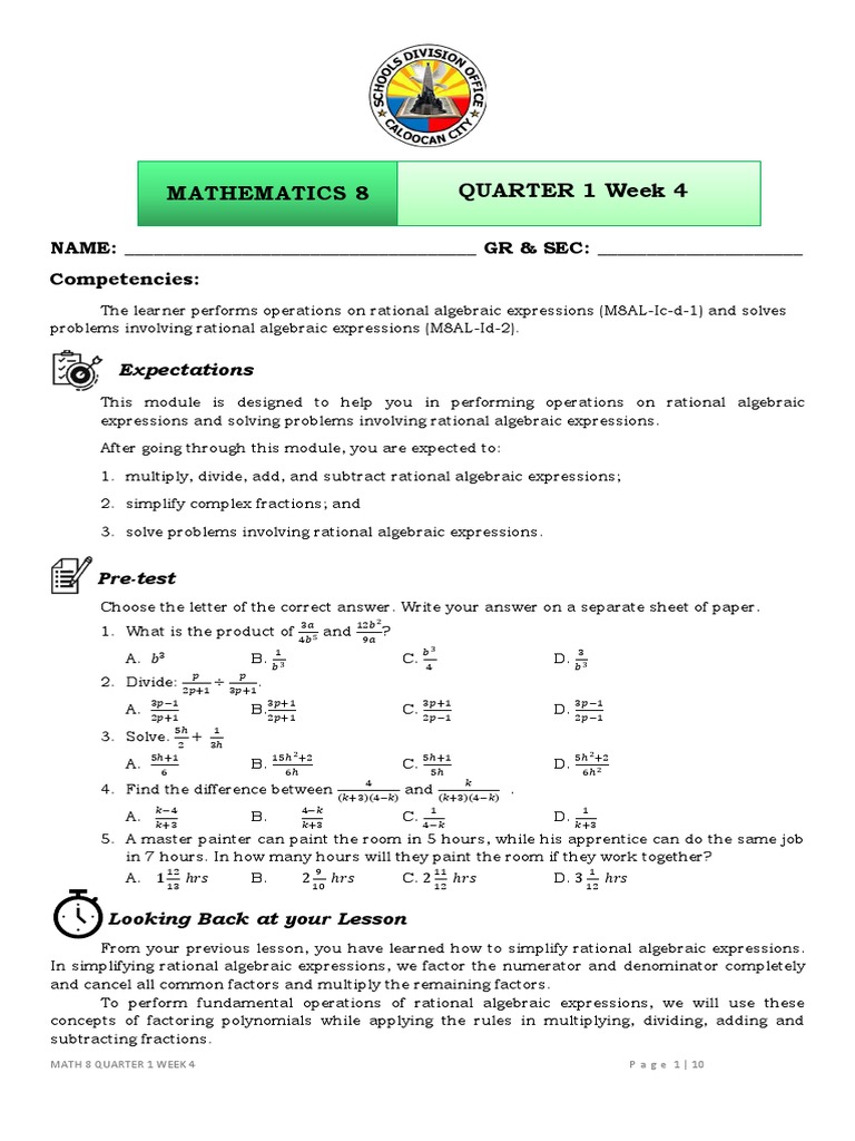 Math 8 Q1 Week 4 | PDF | Division (Mathematics) | Factorization