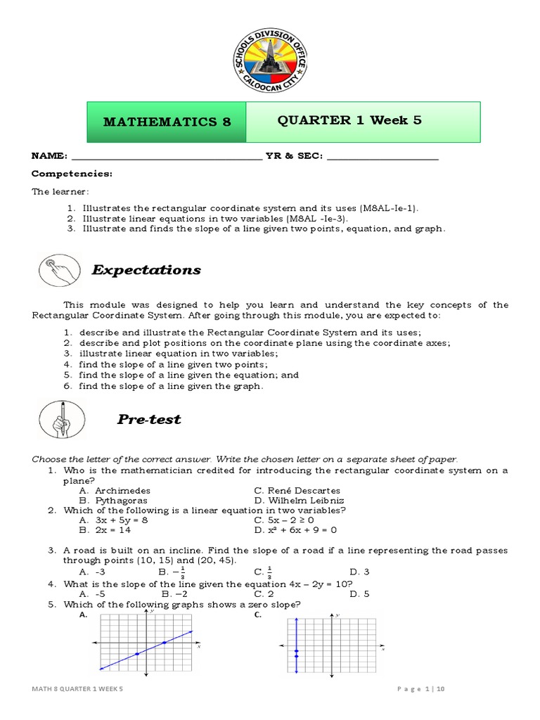 Math 8 Q1 Week 5 | PDF | Cartesian Coordinate System | Equations