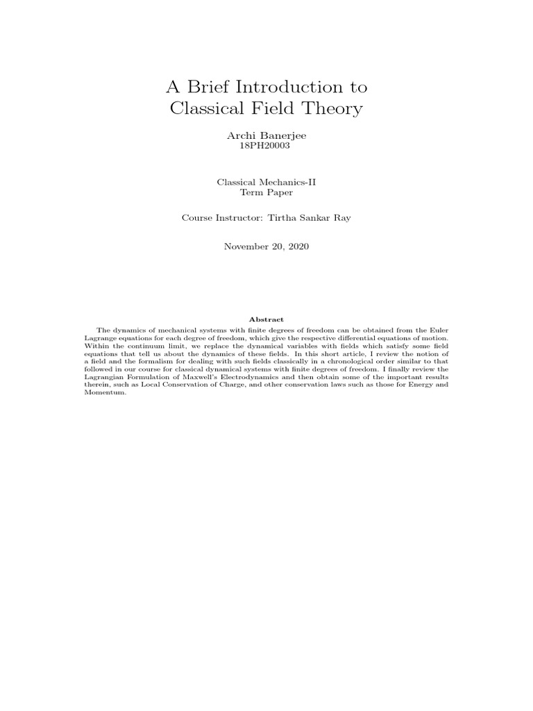 An Introduction To Classical Field Theory | PDF | Hamiltonian Mechanics | Gauge Theory
