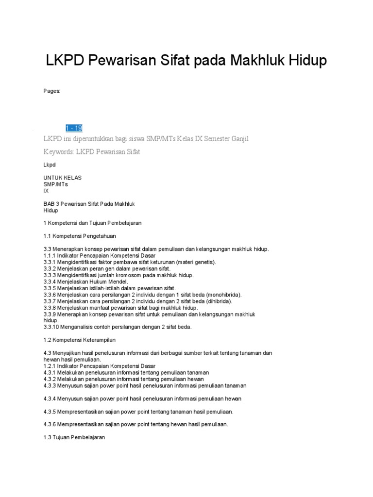 LKPD Pewarisan Sifat Pada Makhluk Hidup | PDF