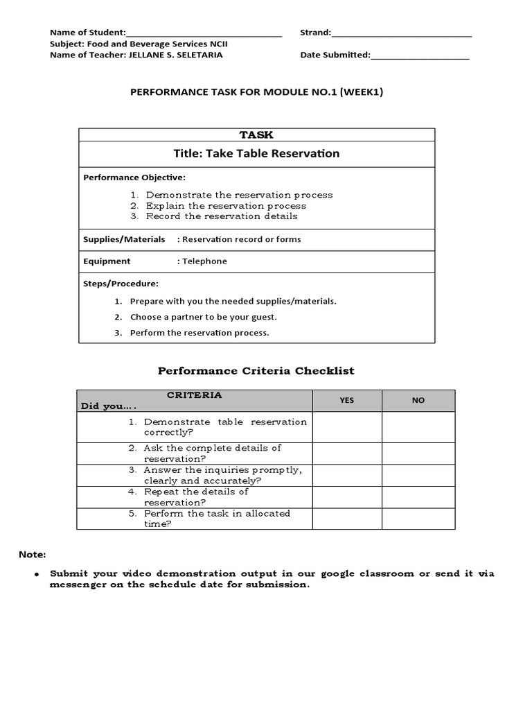 Title: Take Table Reservation: Performance Task For Module No.1 (Week1 ...
