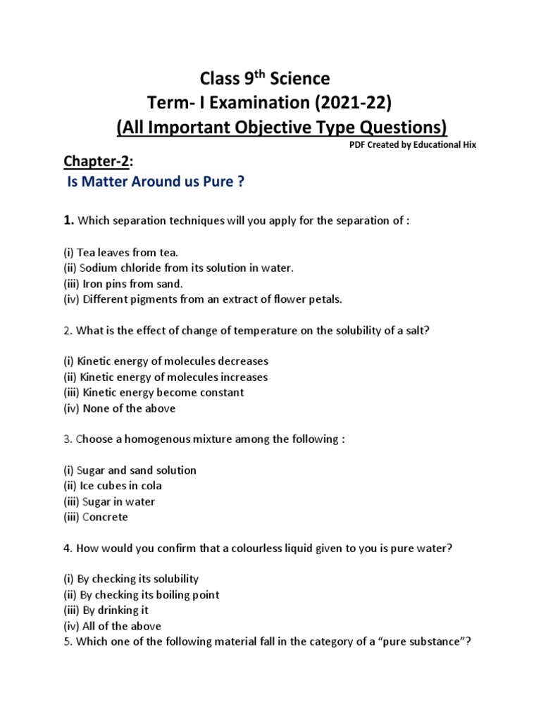 All Important MCQs 2021 Class 9 Science | PDF | Tissue (Biology) | Velocity