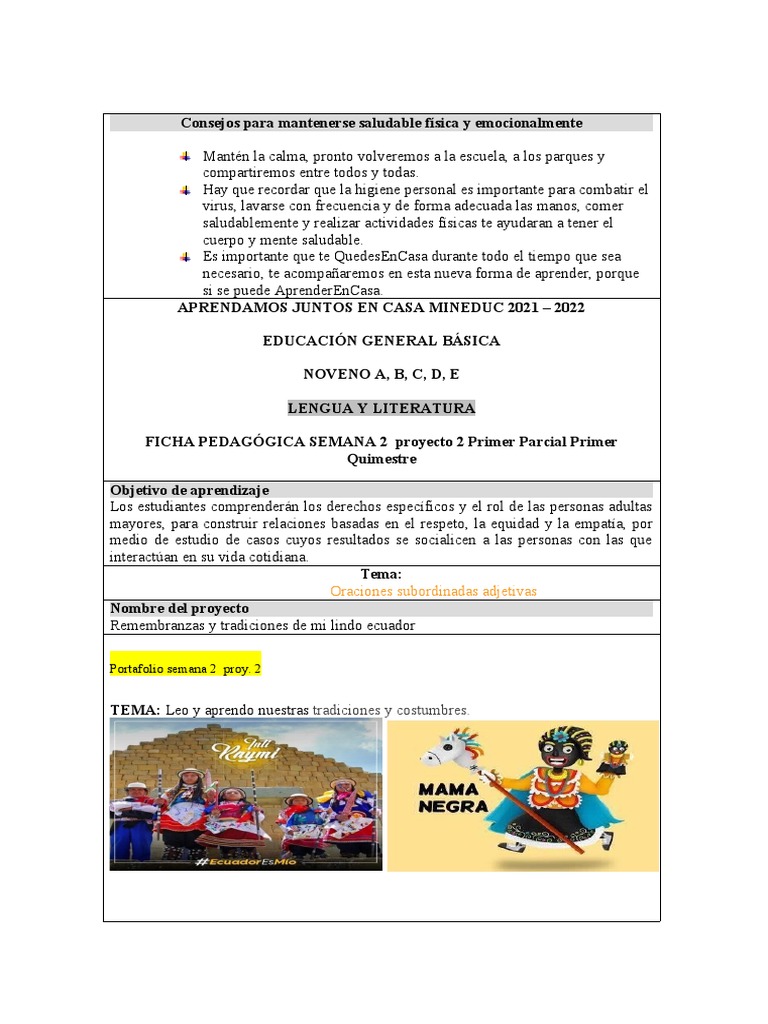 Ficha Semana 2 Proy. 2 - 9nos Lengua | PDF | Adjetivo | Lingüística