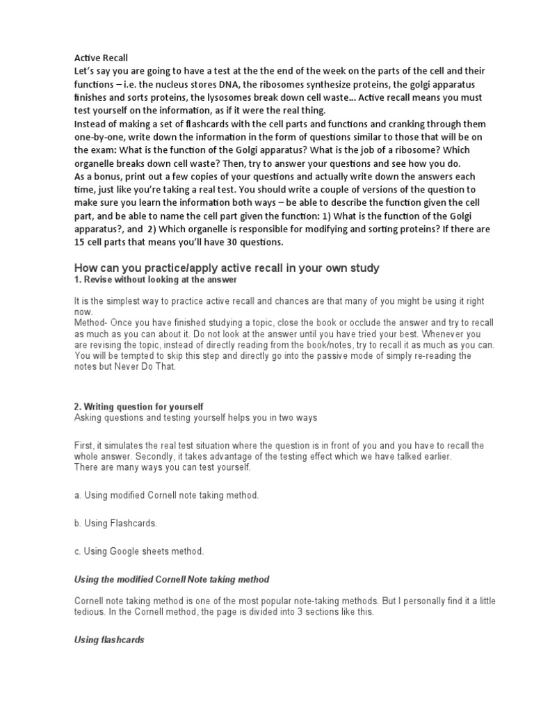 How Can You Practice/apply Active Recall in Your Own Study: 1. Revise ...