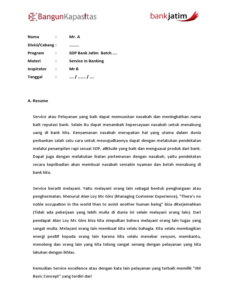 Contoh Resume SDP Bank Jatim 13-19 Oktober 2021 | PDF