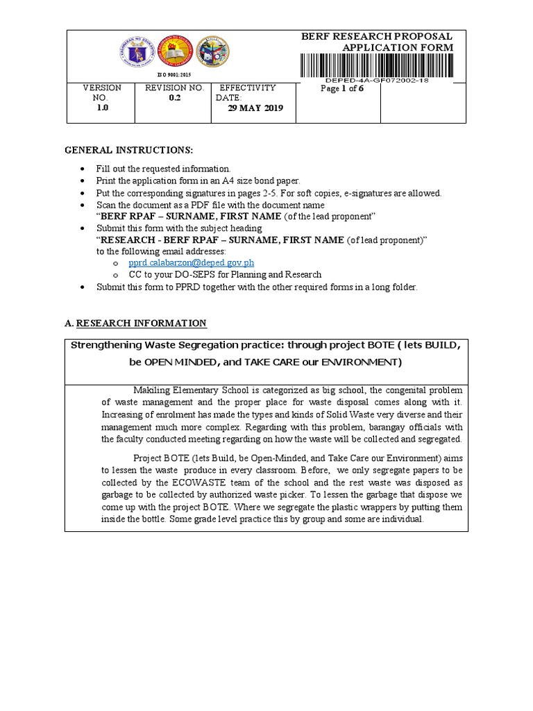 BERF Research Proposal: Project BOTE | PDF | Waste | Thesis