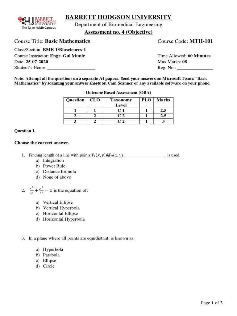 Assesment 4 Basic Maths (MCQS) | PDF | Ellipse | Integral