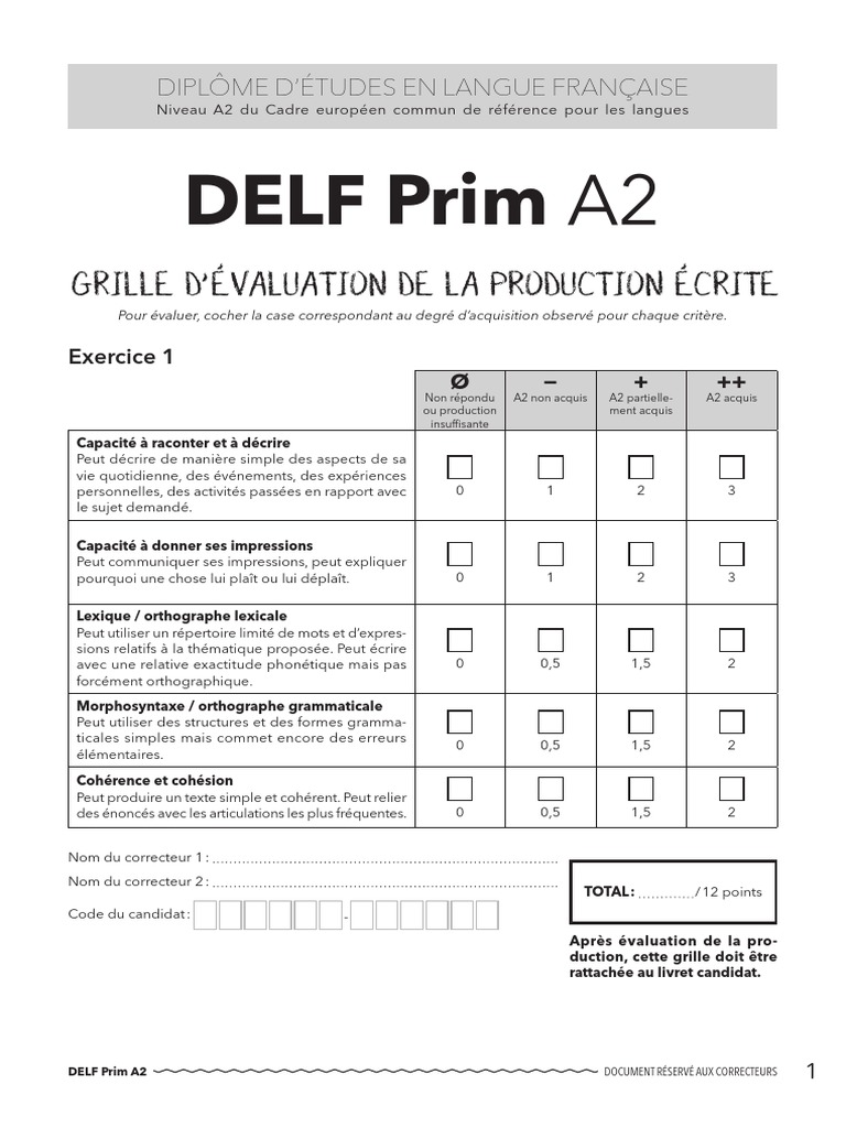 Grille Dévaluation de La Production Écrite DELF Prim A2 | PDF | Sciences cognitives | Cognition