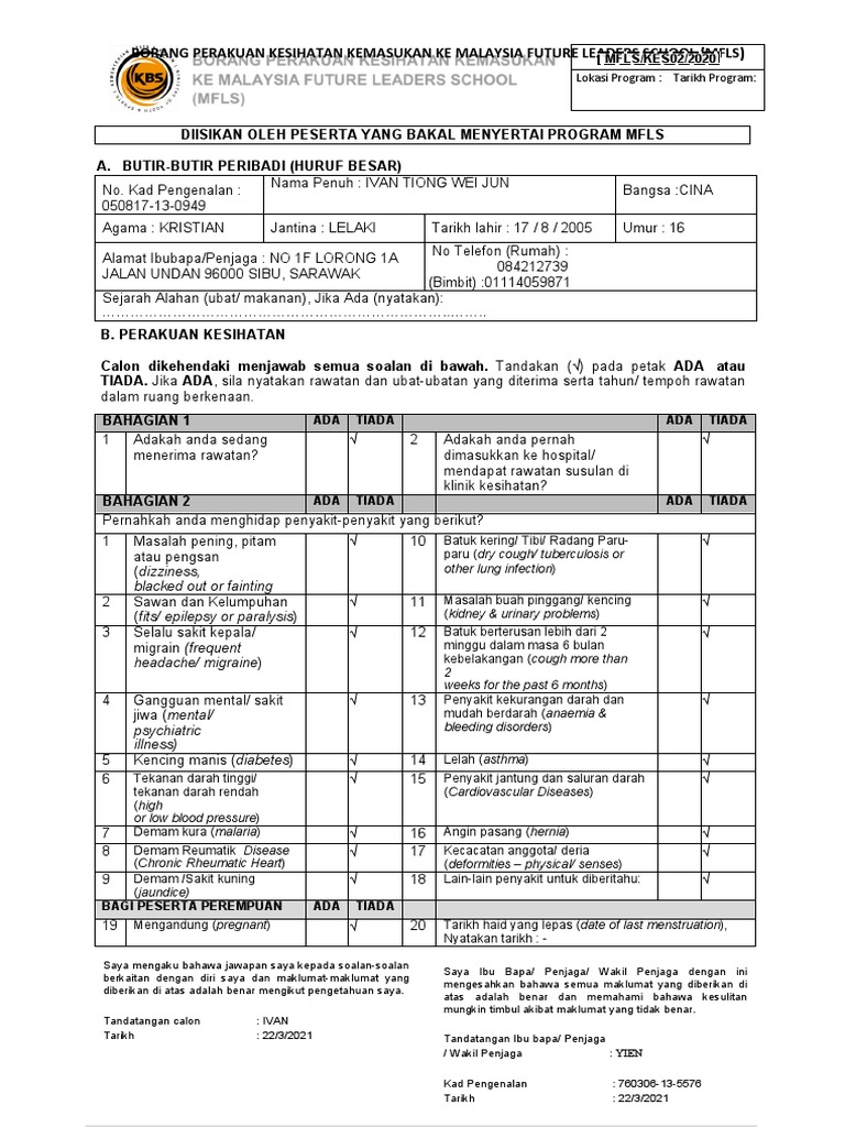 Perakuan Kesihatan Peserta MFLS | PDF