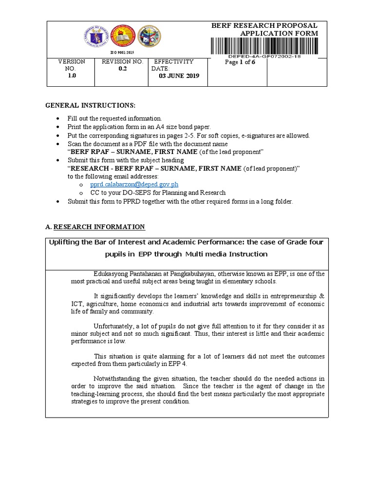 Berf Research Proposal Application Form Tle | PDF | Learning | Cognition