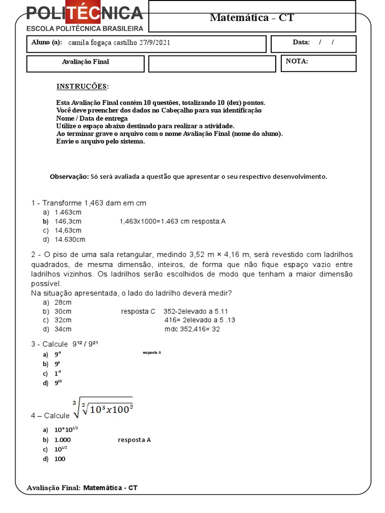 Avaliacao Final - Matematica | PDF | Matemática Avaliacao Final - Matematica | PDF | Matemática