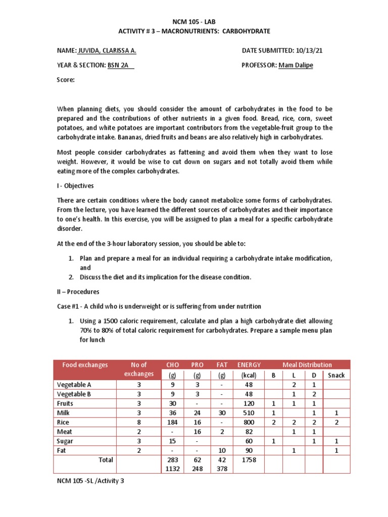 NCM 105 - Lab Activity # 3 - Macronutrients: Carbohydrate | PDF | Diet ...