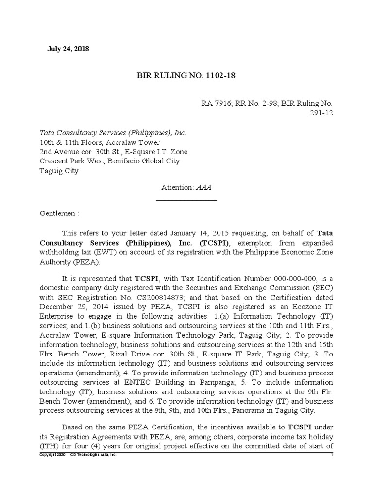 BIR RULING NO. 1102-18: Tata Consultancy Services (Philippines), Inc ...