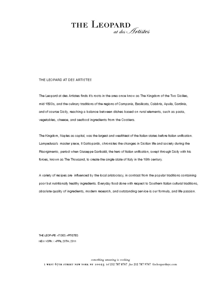The Leopard at Des Artistes Menu | PDF | Sicily | Salad