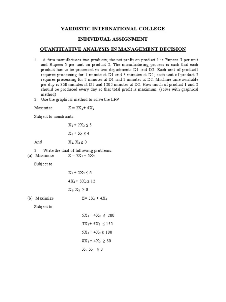 Yardistic International College Individual Assignment Quantitative Analysis in Management ...
