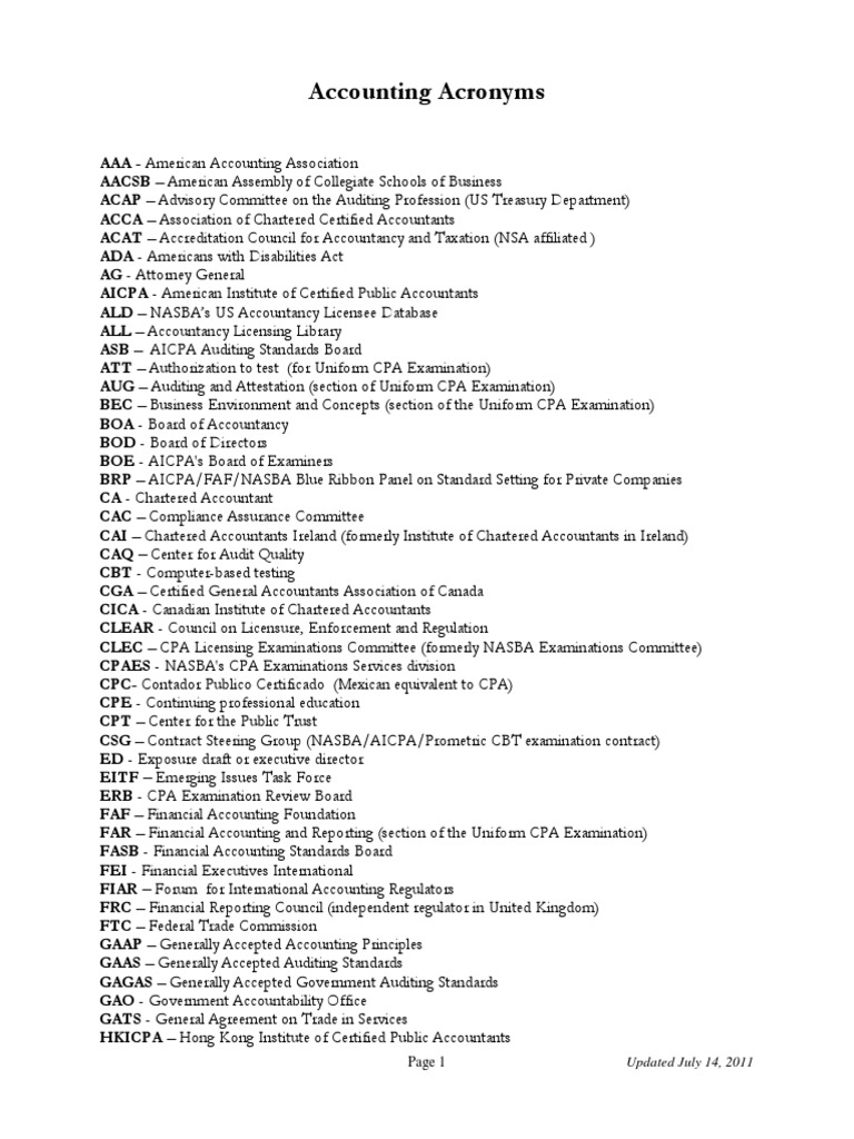 Accounting Acronyms: Updated July 14, 2011 | PDF | Certified Public ...