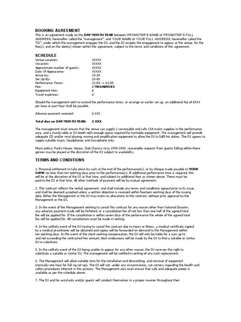 Booking Agreement Sample | PDF | Disc Jockey | Government Information