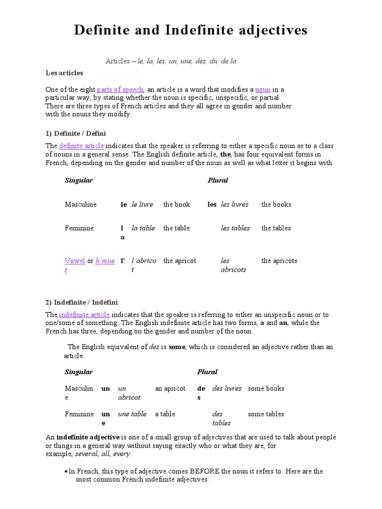 Definite and Indefinite Adjectives: Parts of Speech Noun | PDF ...