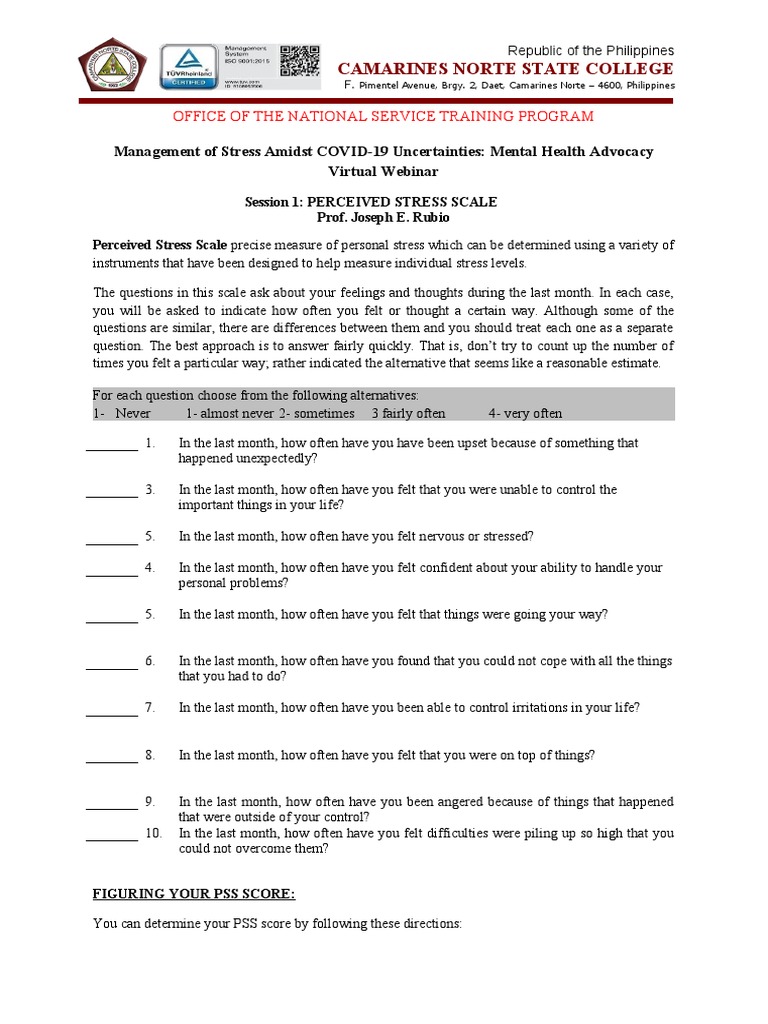 PSS Questionnaire for Stress Assessment | PDF | Stress (Biology ...
