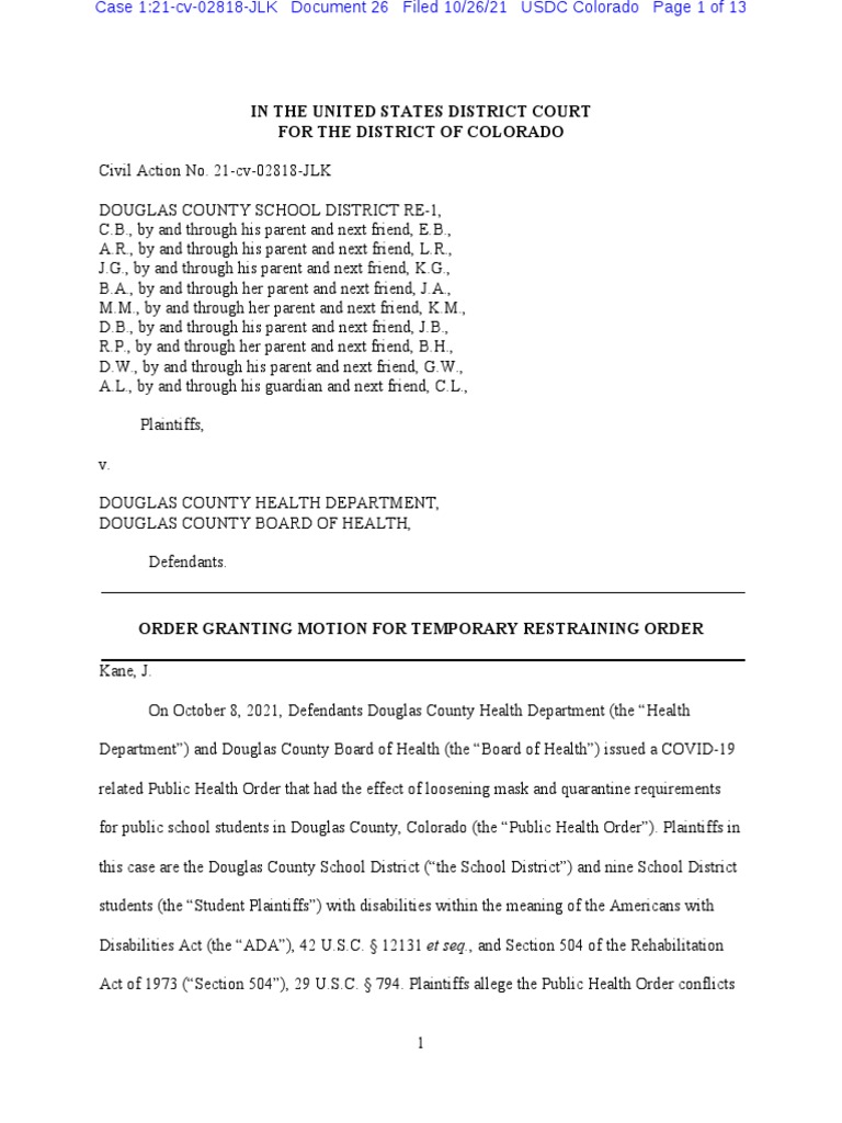 Douglas County Masking Temporary Restraining Order | PDF | Section 504 ...