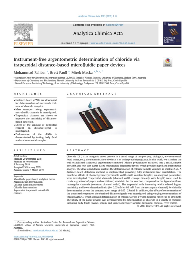 Analytica Chimica Acta: Mohammad Rahbar, Brett Paull, Mirek Macka ...