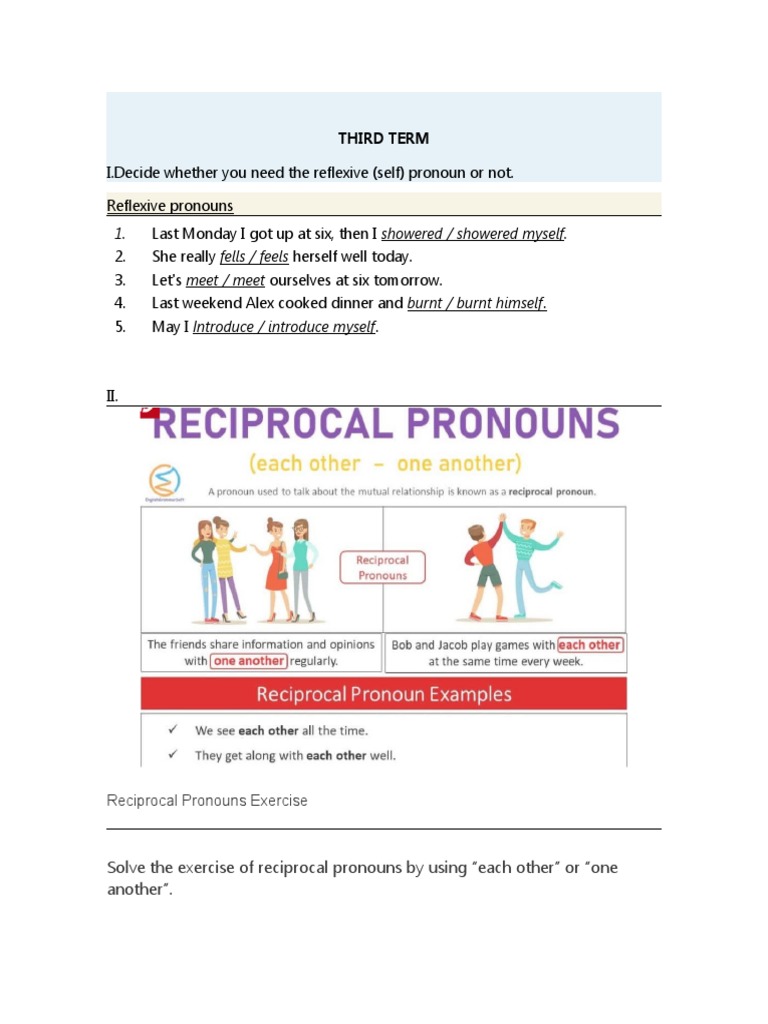 Third Term: Solve The Exercise of Reciprocal Pronouns by Using "Each ...
