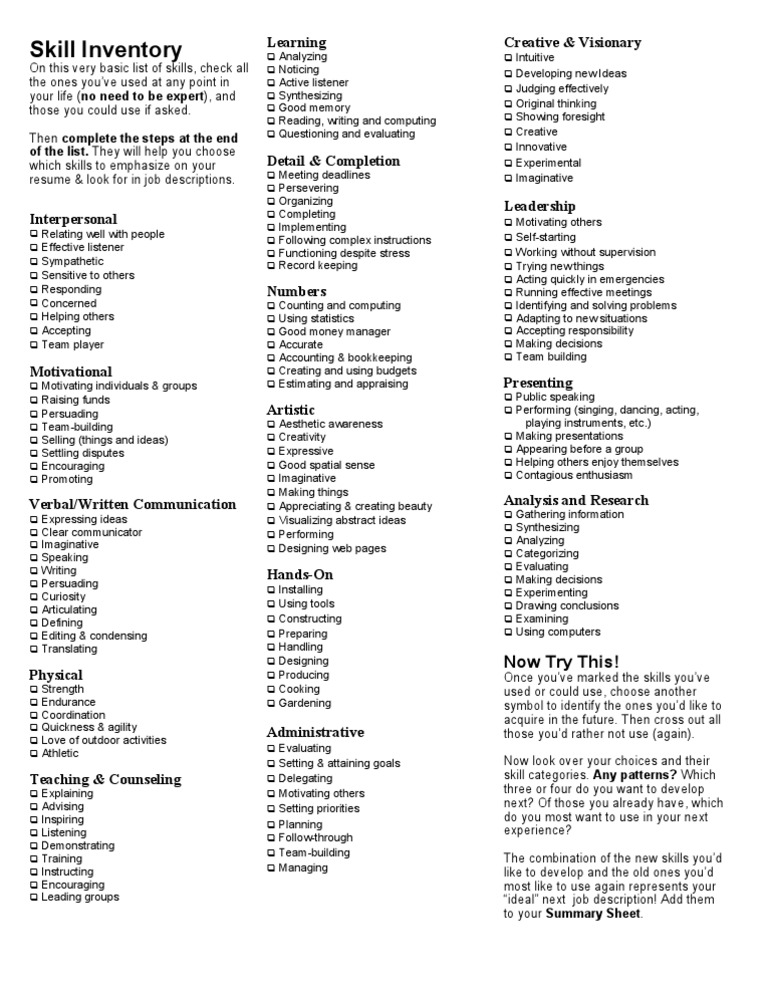 Skill Inventory | PDF | Team Building | Creativity