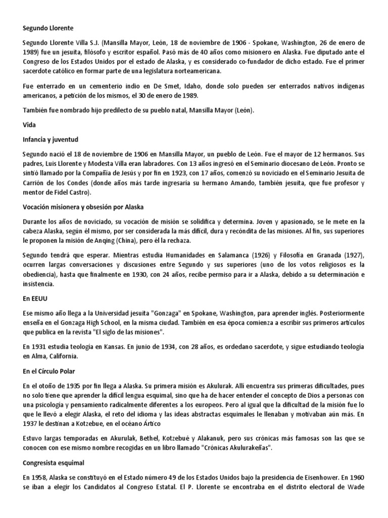 Biografía Del Padre Segundo Llorente | PDF