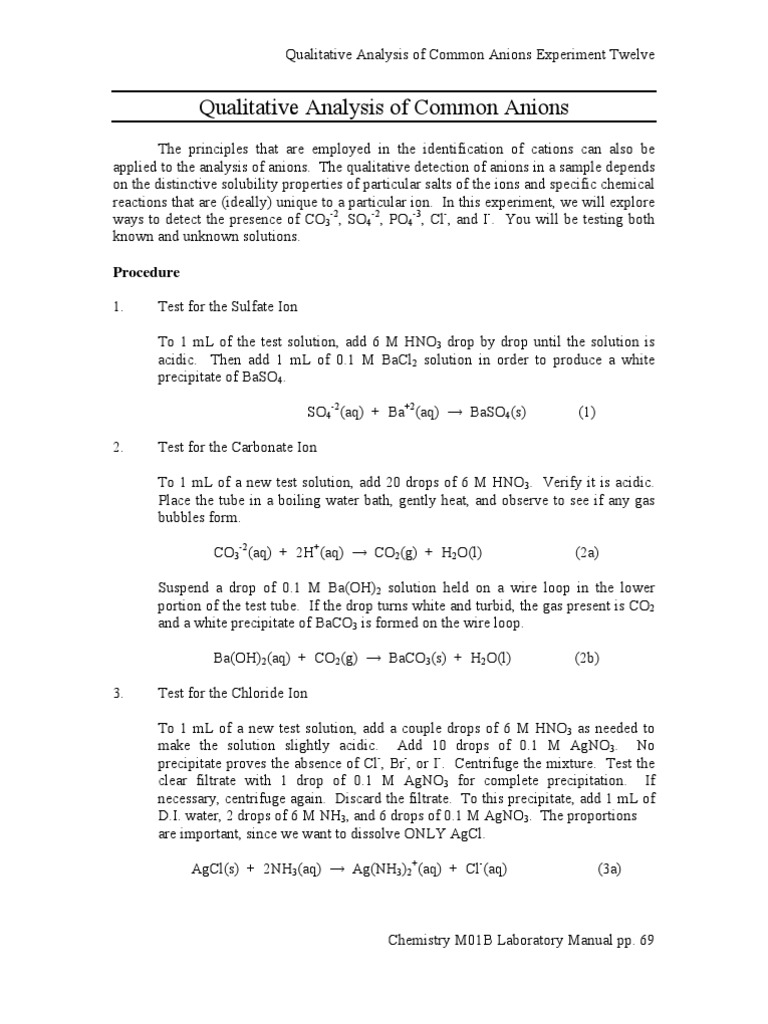 Qualitative Analysis of Common Anions: Procedure | PDF | Precipitation (Chemistry) | Atoms