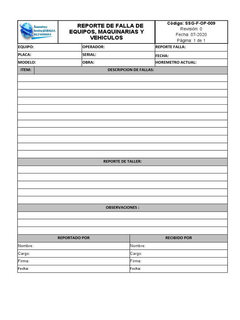 Ssg-F-Op-009 Reporte de Fallas de Equipos, Maquinarias y Vehiculos | PDF | Tecnología
