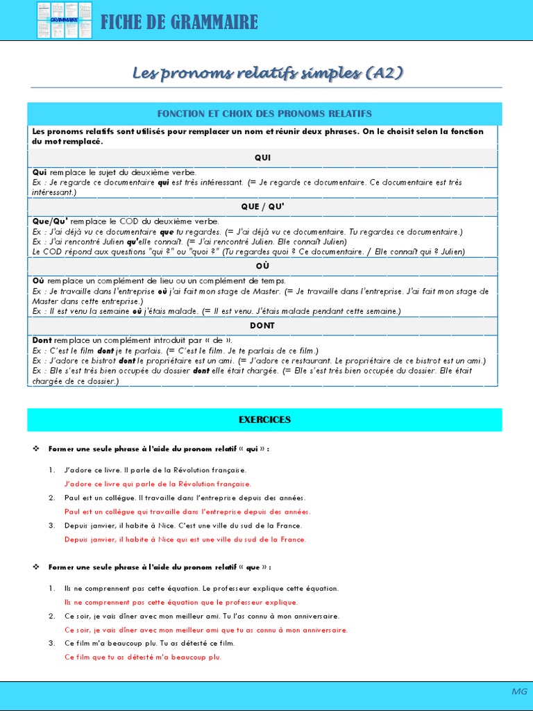 Pronoms relatifs : règles et exercices | PDF | Pronom | Complément d'objet