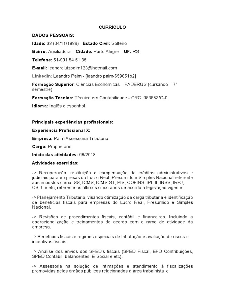 Currículo Leandro Paim | PDF | Recibo | Contabilidade