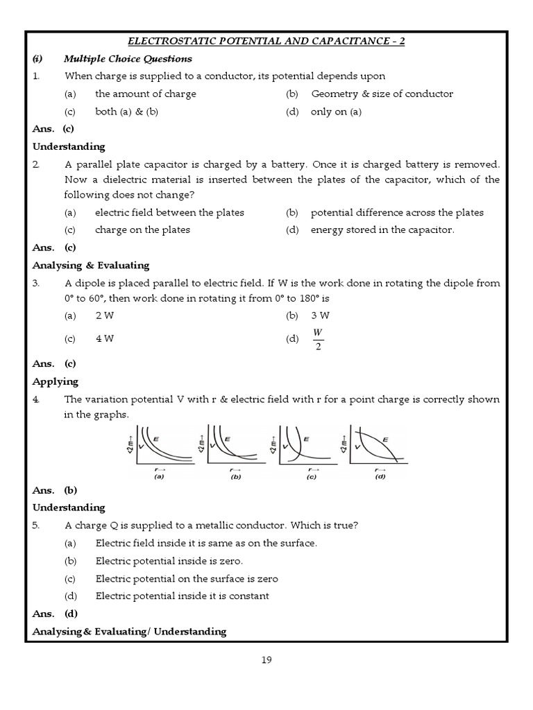 ELECTROSTATIC POTENTIAL AND CAPACITANCE MCQS | PDF | Capacitor | Capacitance