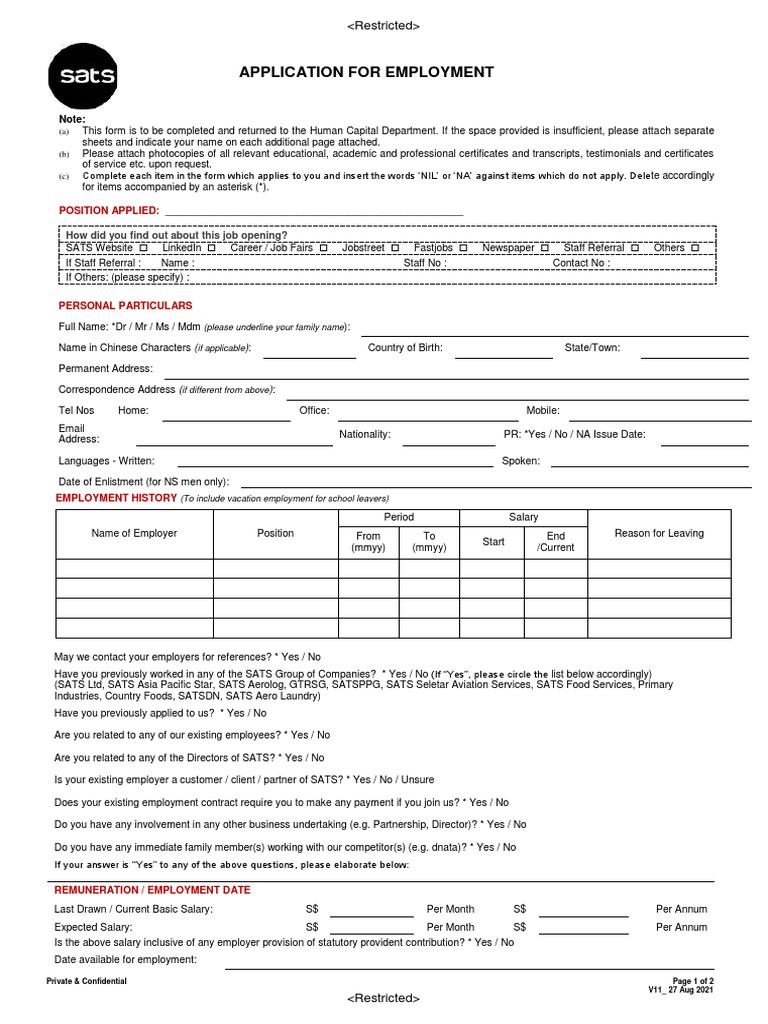 SATS Job Application Form - v27 Aug 2021 | Download Free PDF ...