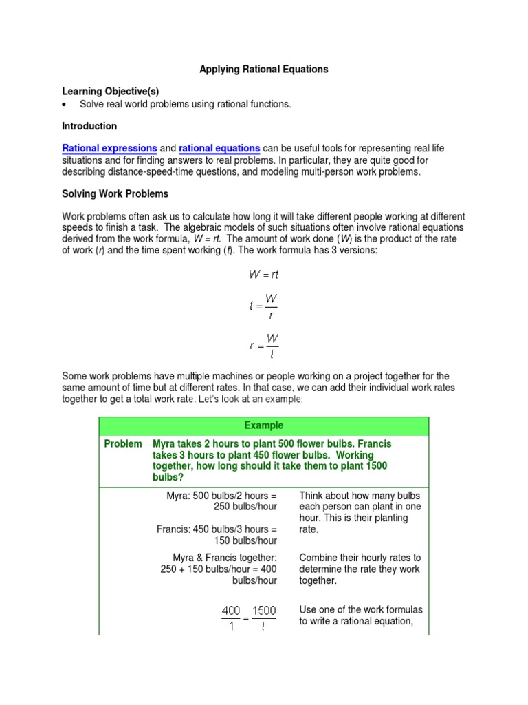 Applying Rational Equations Learning Objective(s) | PDF | Equations ...