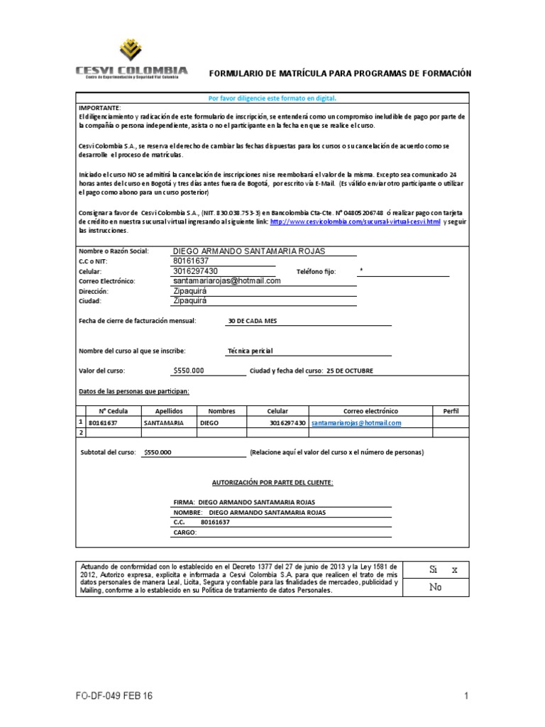 Formulario de Inscripción a Cursos Cesvi | PDF