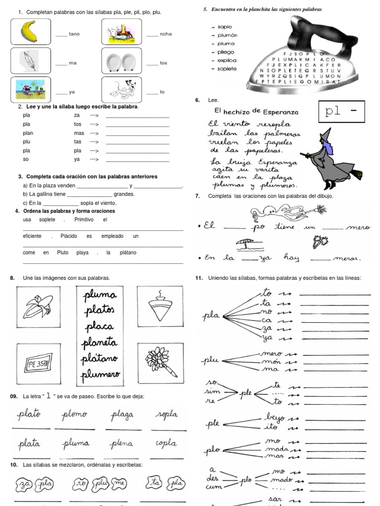 1° PLA PLECompletan Palabras Con Las Sílabas Pla | PDF