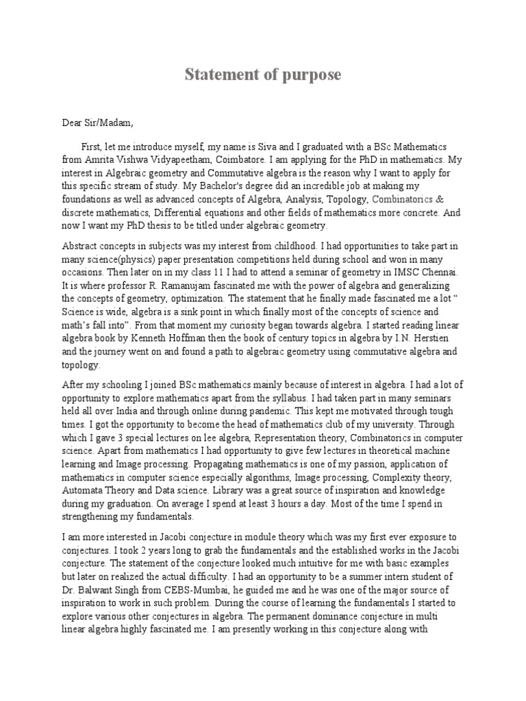 Statement of Purpose | PDF | Mathematics | Algebra