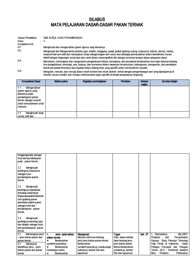 Silabus Dasar-Dasar Pakan Ternak Kelas X | PDF