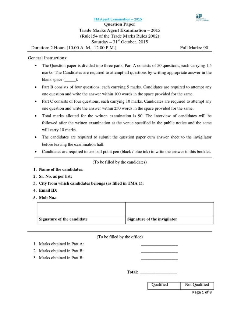 Trade Mark Agents Exam Qestion Paper-Final | PDF | Trademark | Government