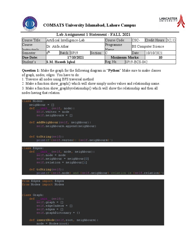 COMSATS University Islamabad, Lahore Campus: Lab Assignment 1 Statement ...