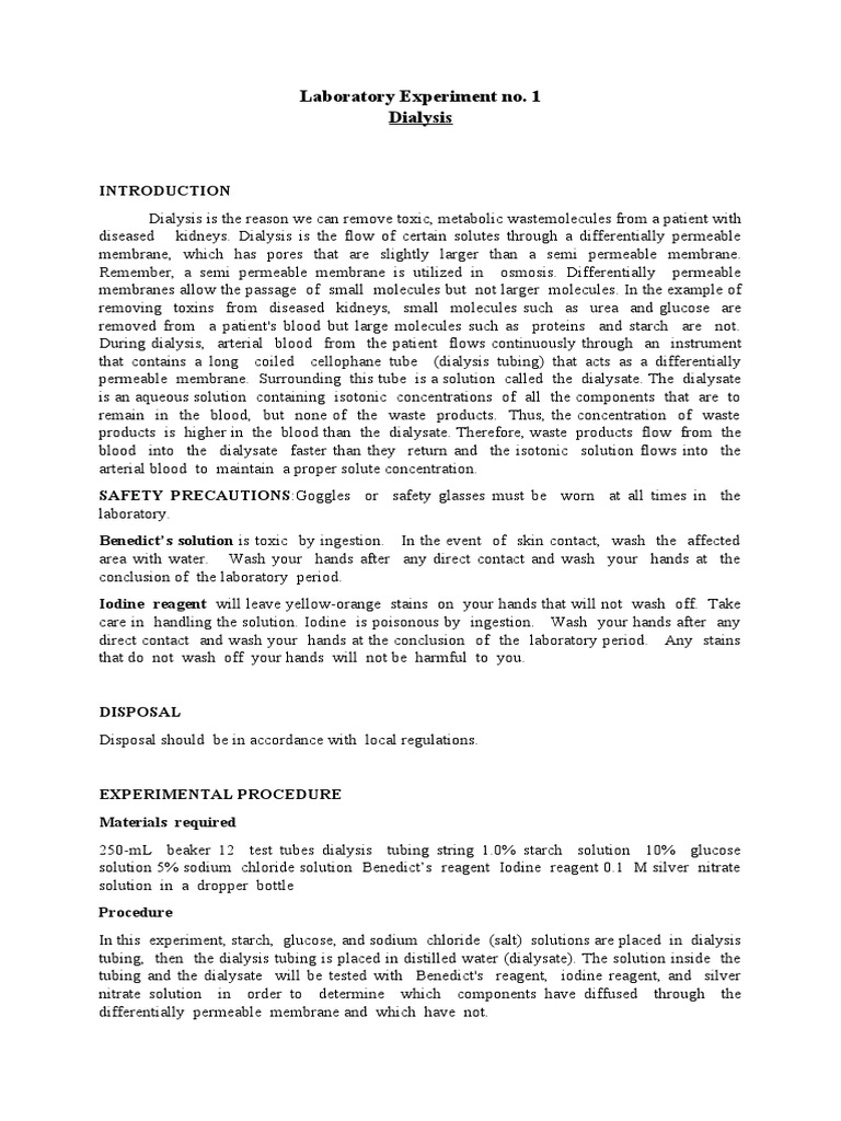 Laboratory Experiment No. 1 DIALYSIS | PDF | Dialysis | Hemodialysis
