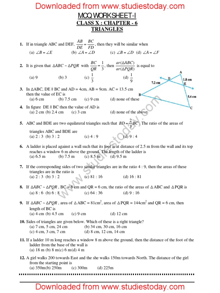 CBSE Class 10 Triangles MCQs Set A | PDF | Triangle | Euclid