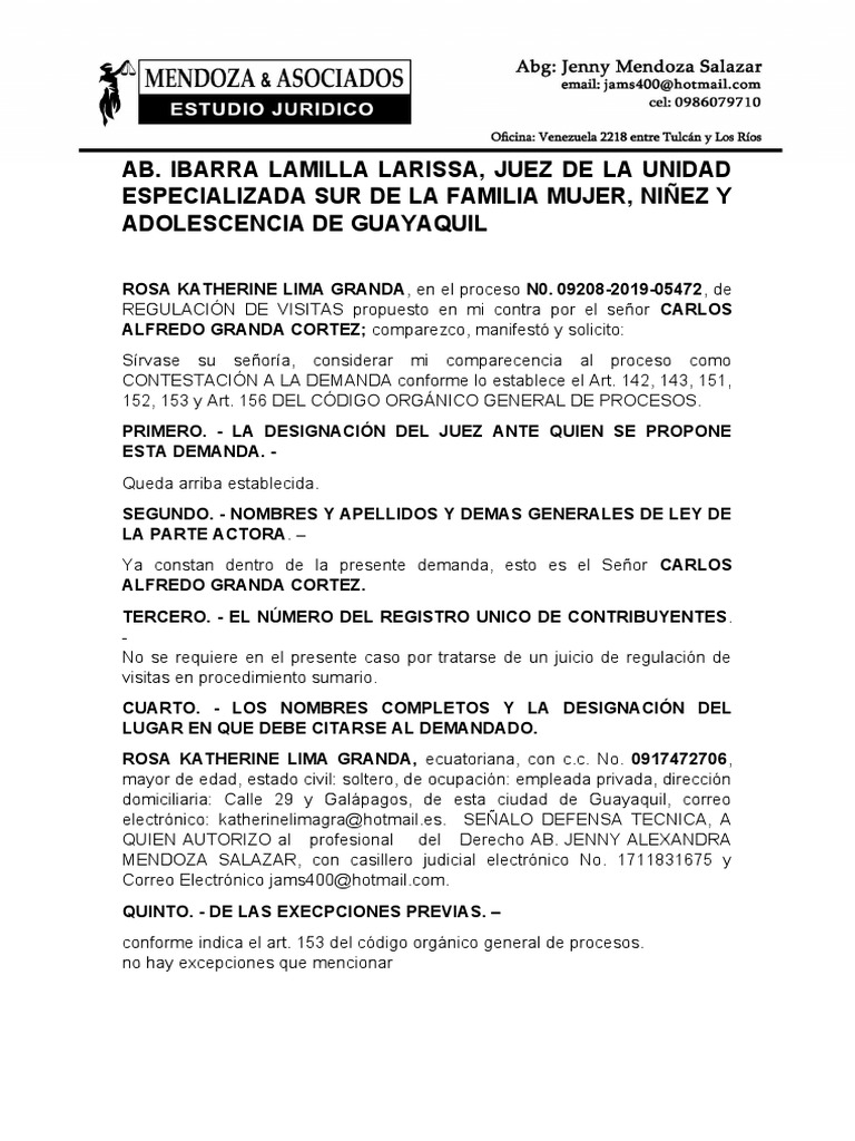 Contestacion Demanda de Regimen de Visitas Katty Lima - Docx ...