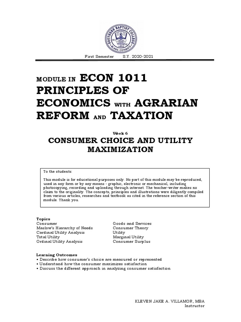 ECON 1011 Principles of Economics Agrarian Reform Taxation: Consumer Choice and Utility ...