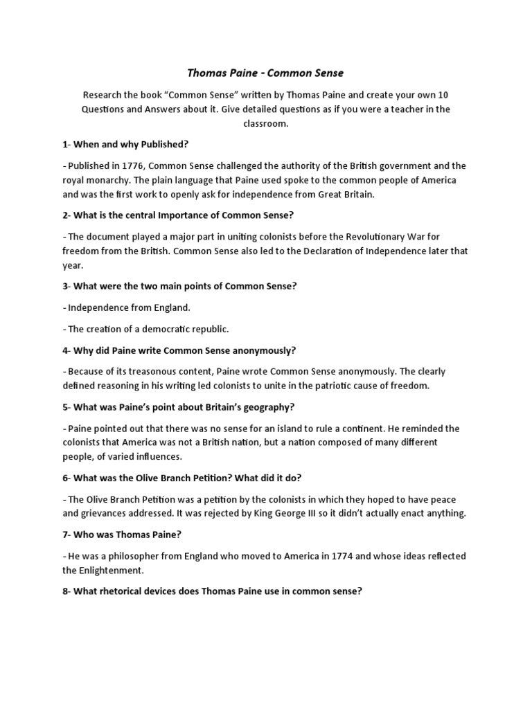 Common Sense Q&A's | PDF | Common Sense | Thomas Paine