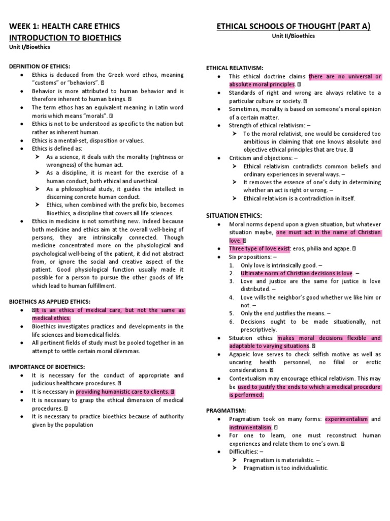 Week 1: Health Care Ethics Introduction To Bioethics Ethical Schools of ...