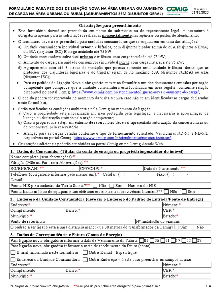 Formulario Aumento de Carga. CEMIG | PDF | Geladeira | Equipamento